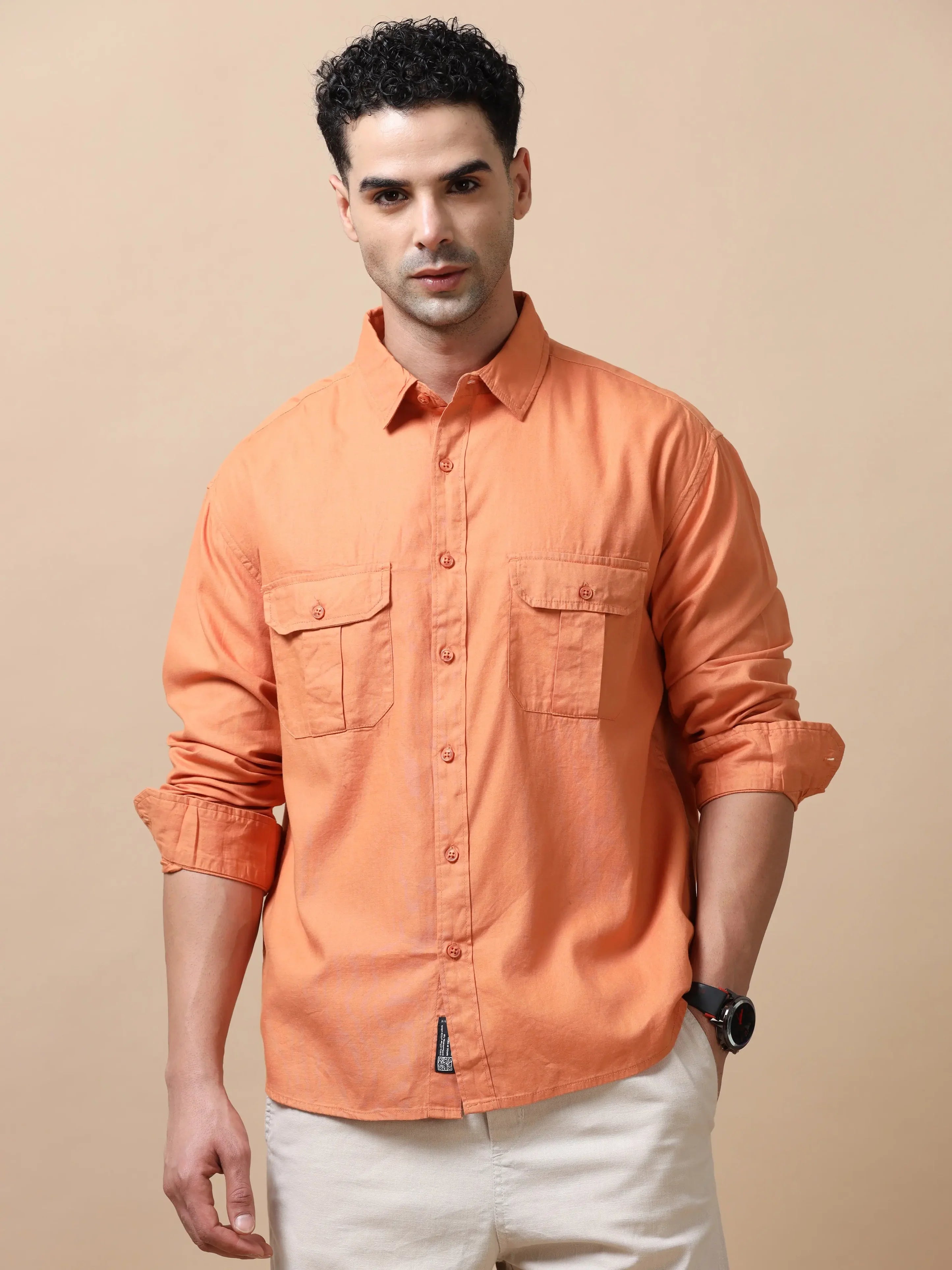 Premium Men Shirt, Relaxed Fit, Pure Cotton, Full Sleeve, Solid, Peach ...