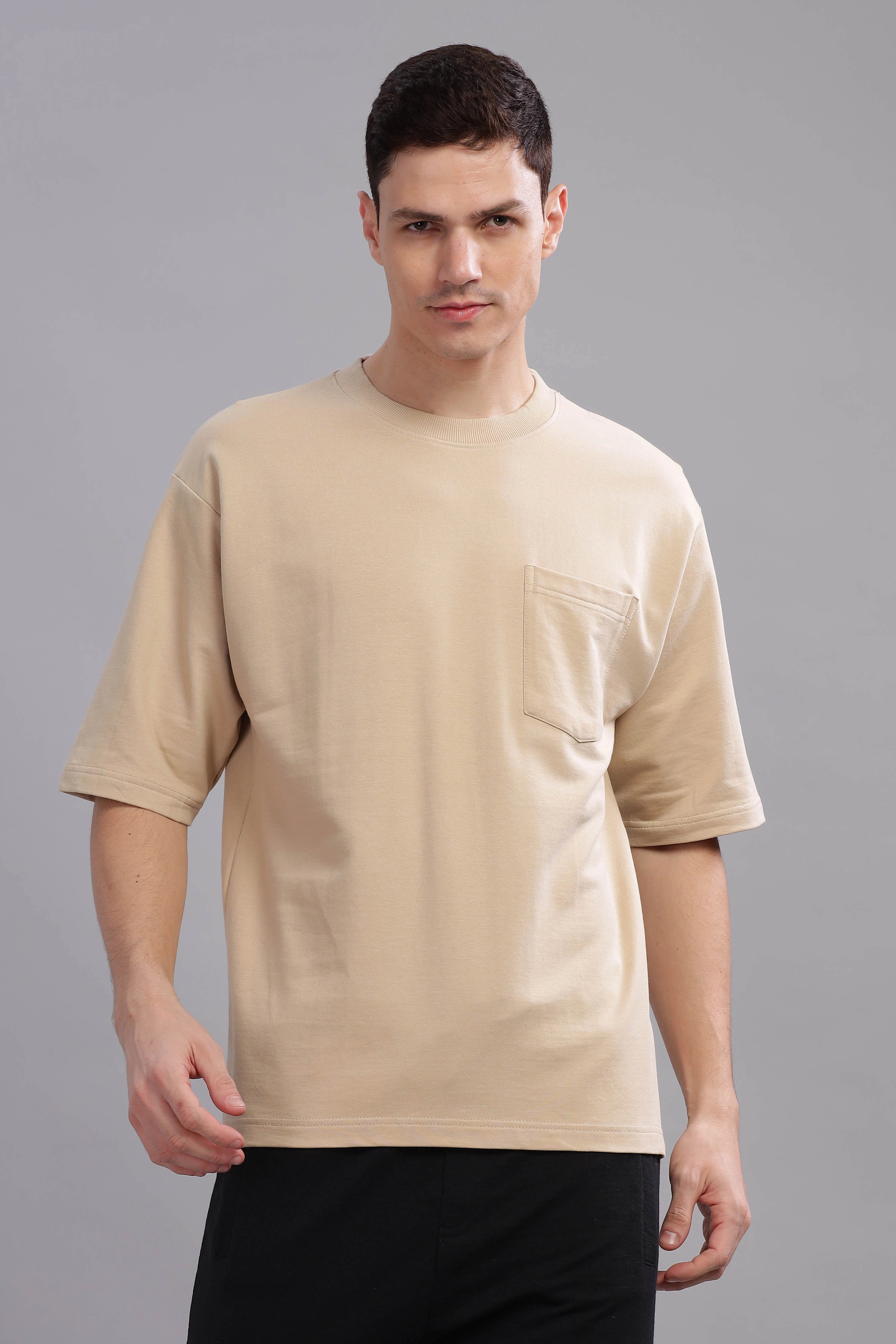 Men Beige Solid Oversized T-Shirt - SILISOUL