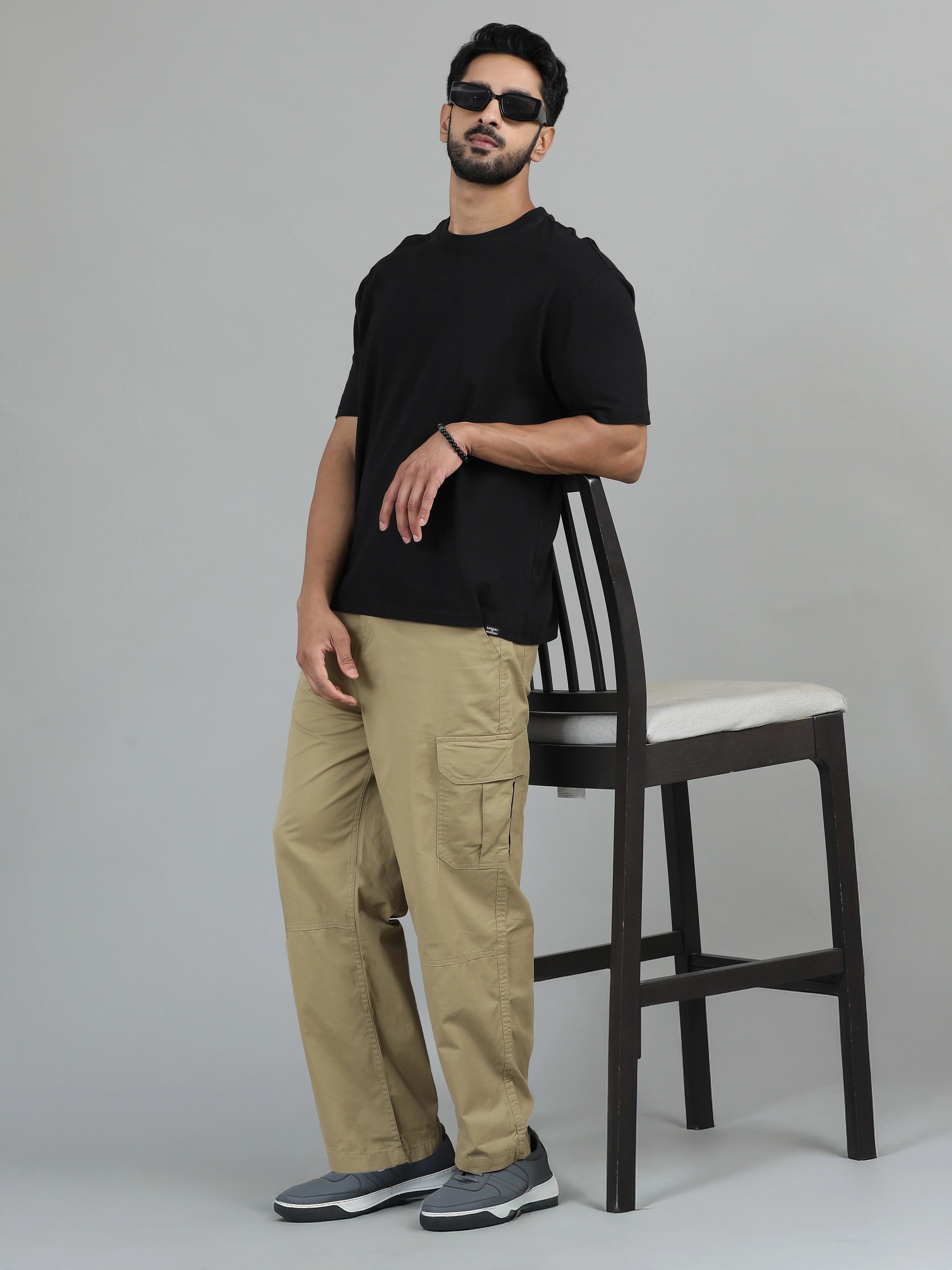 Men Cotton Baggy Fit Cargo Trousers, Khaki - SILISOUL