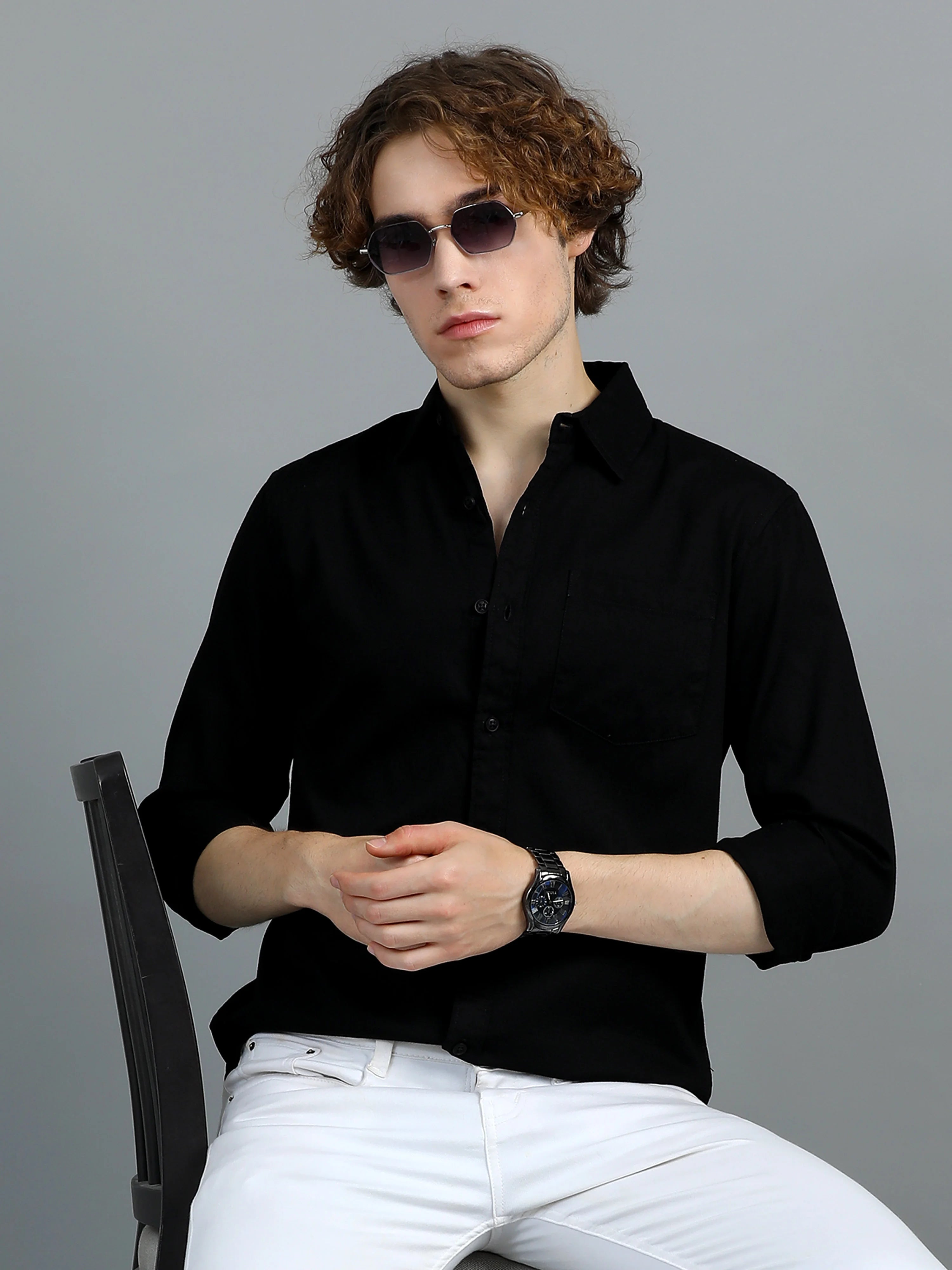 Textured Men Shirt, Regular Fit, Pure Cotton, Full Sleeve, Black ...