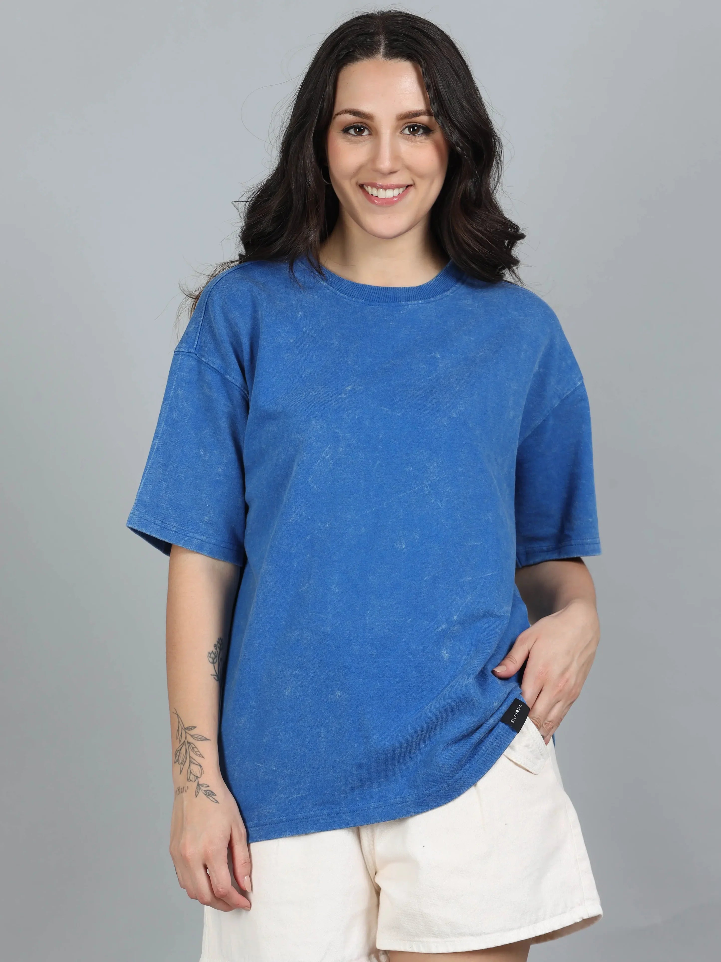 Women ACID Washed Oversized T-Shirt, BLUE - SILISOUL